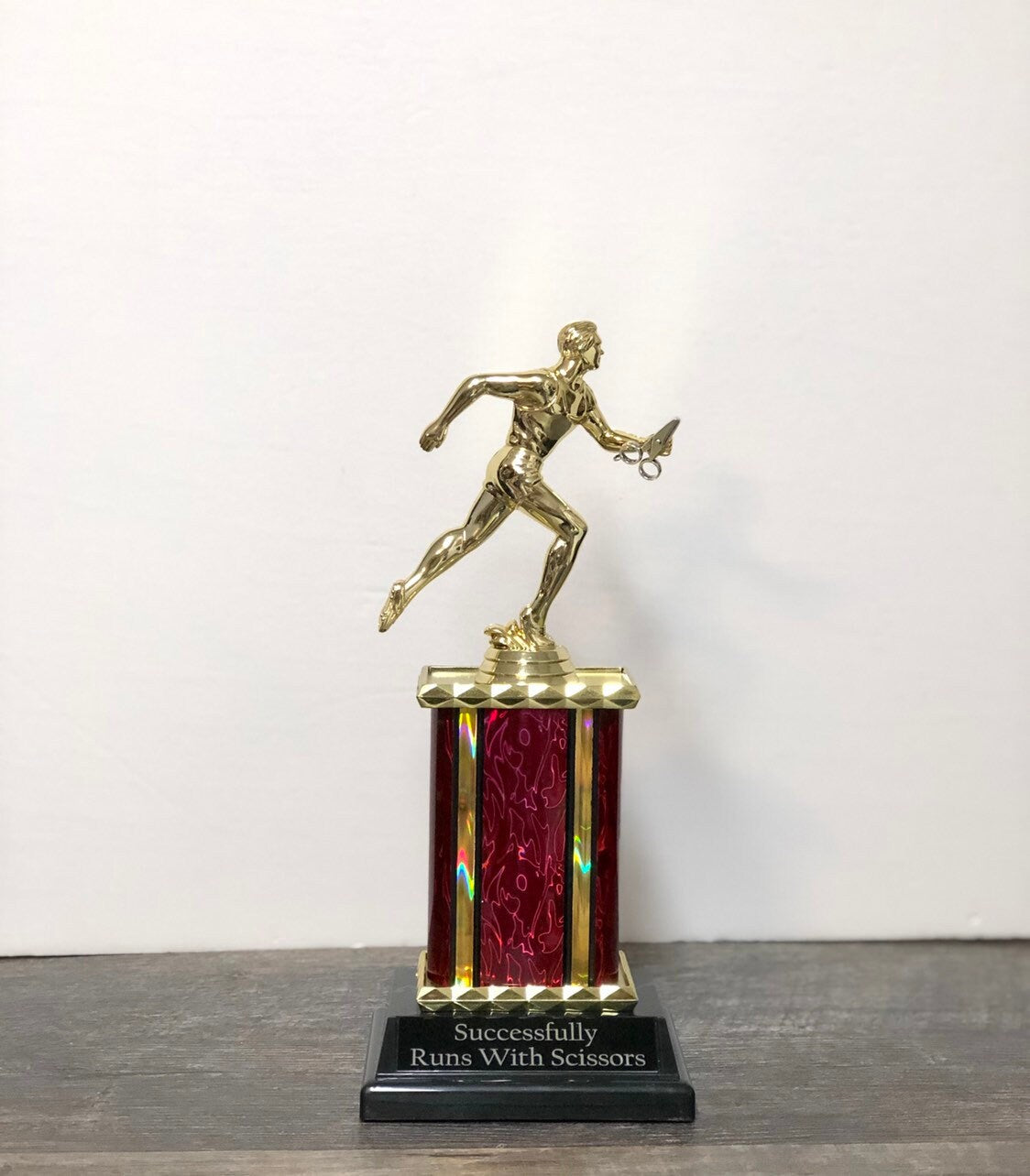 Successfully Runs With Scissors Funny Trophy Gag Gift For Runner Jogge ...